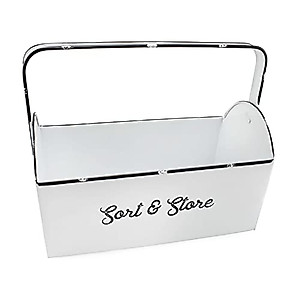 AuldHome Enamelware Rustic Caddy with Handle, Distressed White Farmhouse Sort and Store Carryall