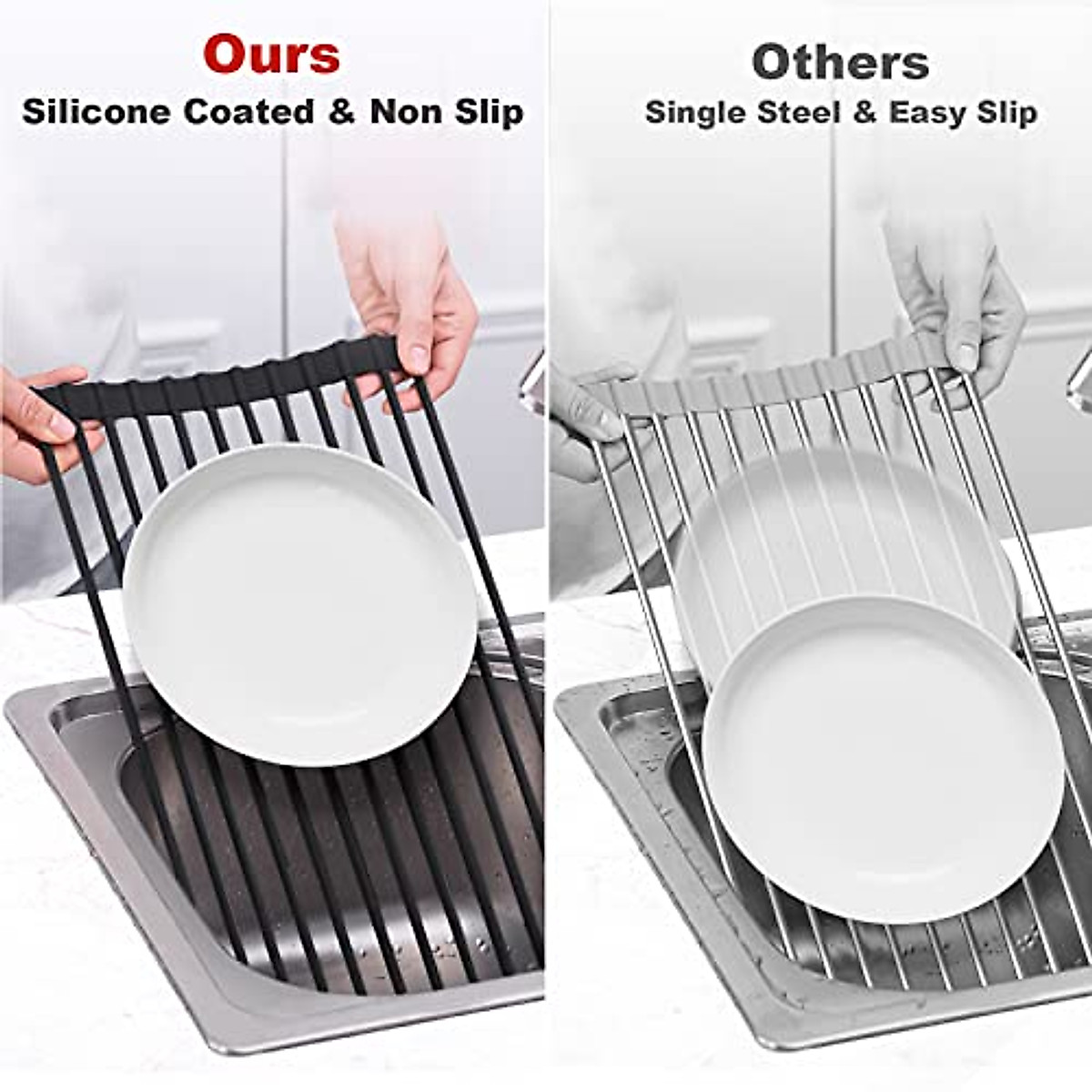 MERRYBOX Roll Up Dish Drying Rack, Silicone Wrapped Over The Sink Dish Rack Foldable Dish Drainer Anti-Slip Dish Racks for Kitchen Counter, Multipurpose Kitchen Sink Drying Rack, 18" x 13", Black