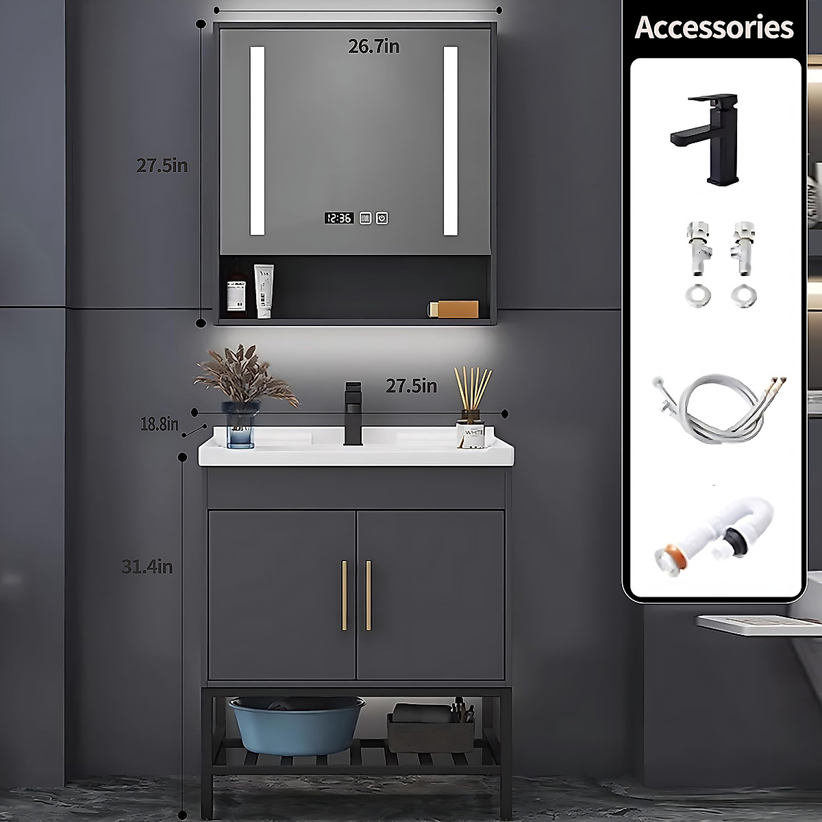 ZGNBSD Bathroom Vanity - Freestanding Bathroom Vanity with Sink & Smart Mirror, Solid Wood Bathroom Cabinet with Abundant Storage Drawers (28")