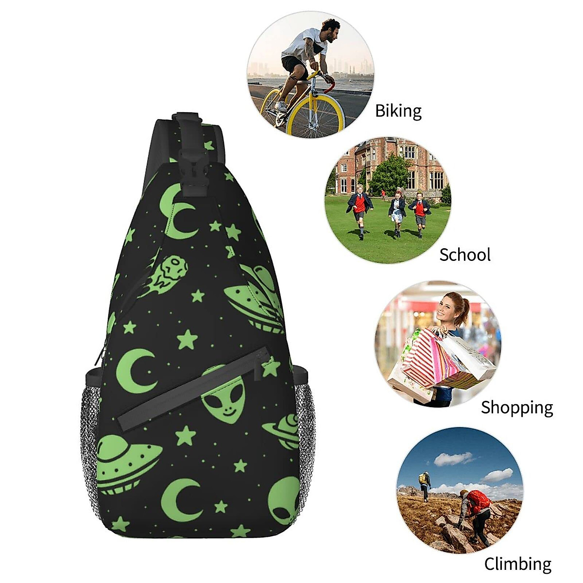 Hicyyu Green Alien Outdoor Crossbody Shoulder Bag For Unisex Young Adult Hiking Sling Backpack