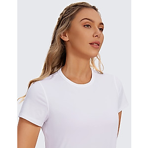 CRZ YOGA Women's Pima Cotton Short Sleeve Crop Tops High Neck Cropped Workout Tops Yoga Athletic Shirts Casual T-Shirt White X-Small