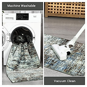 ROYHOME Washable Area Rug 5x7 Modern Abstract Machine Washable Rug Contemporary Aesthetic Carpet Stain Resistant Non-Slip Accent Rug Farmhouse Floor Cover for Dining Bedroom Decor, Blue/Grey