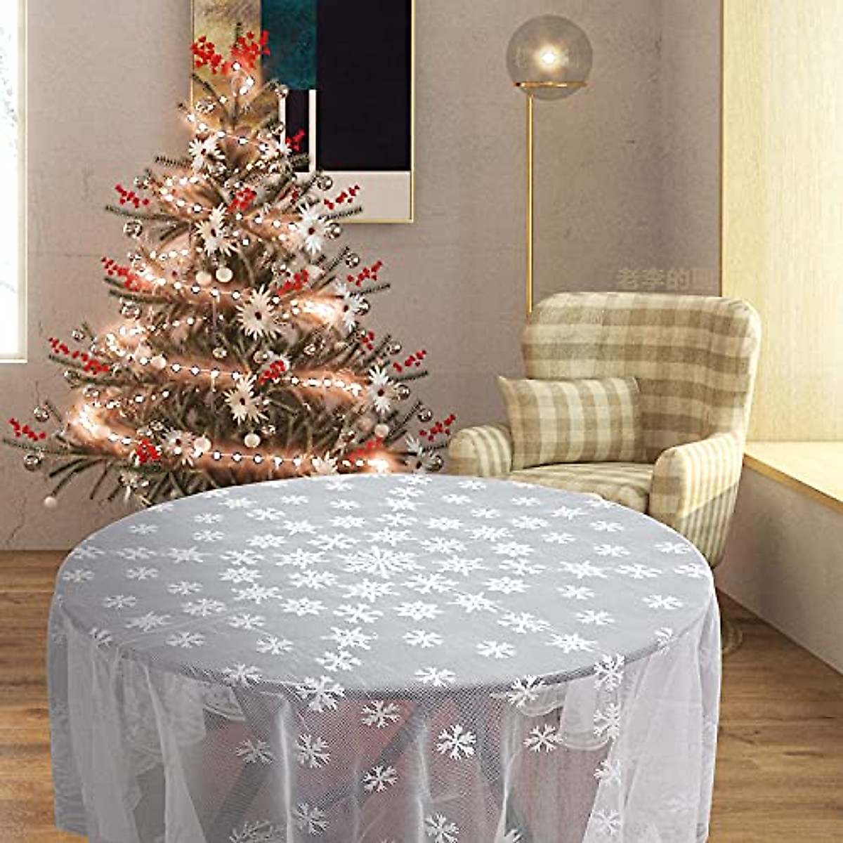 Pleaseedo 𝐗𝐌𝐀𝐗 𝐆𝐈𝐅𝐓 Christmas Lace Tablecloth, Round Lace Tablecloth for Round Table 70 Inch, White Snowflake Christmas Lace Table Cover, Round Tablecloths for Holiday Party Decoration