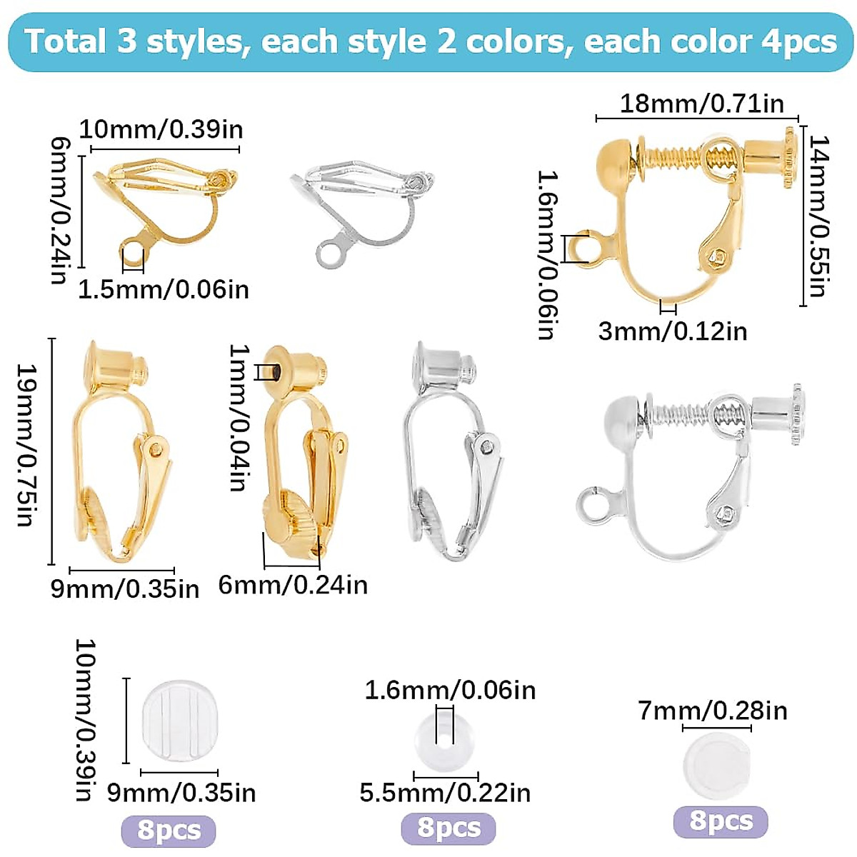 SUNNYCLUE 1 Box 48Pcs Earring Converters Clip-on Earrings Converter Components Stud Earring Findings Silicone Earring Pads Earrings Cushions Non-Pierced Clip on Converters for Studs Jewelry Making