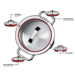 WMF cookware Ø 24 cm approx. 5,7l Function 4 Inside scaling lid - pour off or decant liquids without spilling to keep your dishes and cooker clean. Made in Germany hollow side handles glass lid