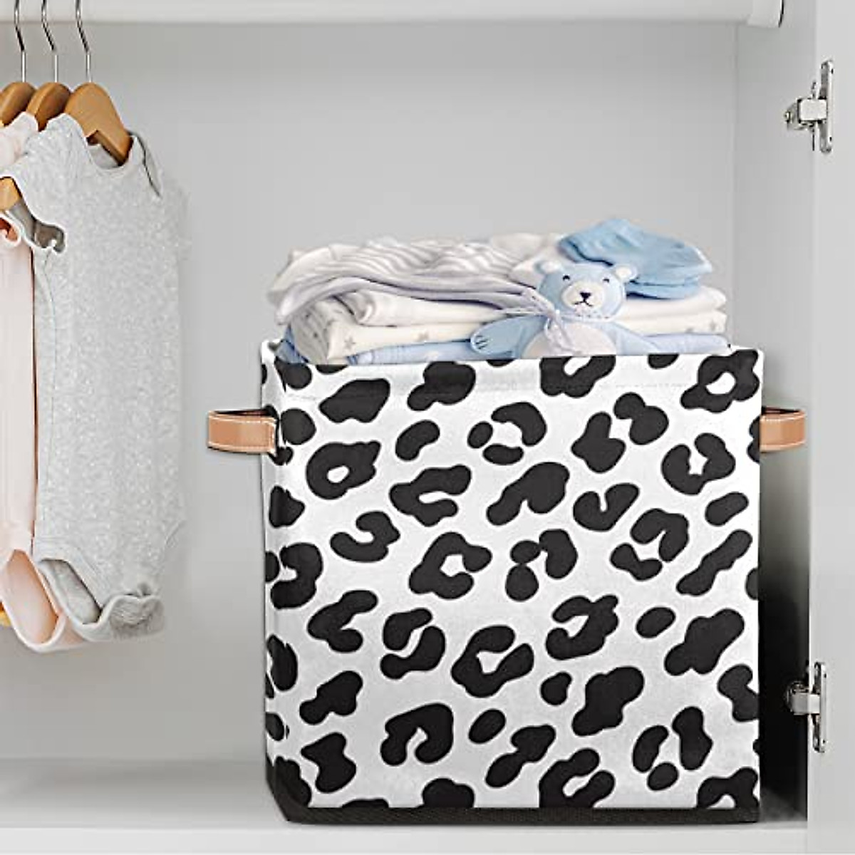 Black Leopard Print Storage Basket Bins for Organizing Pantry/Shelves/Office/Girls Room, Animal Skin Storage Cube Box with Handles Collapsible Toys Organizer 13x13