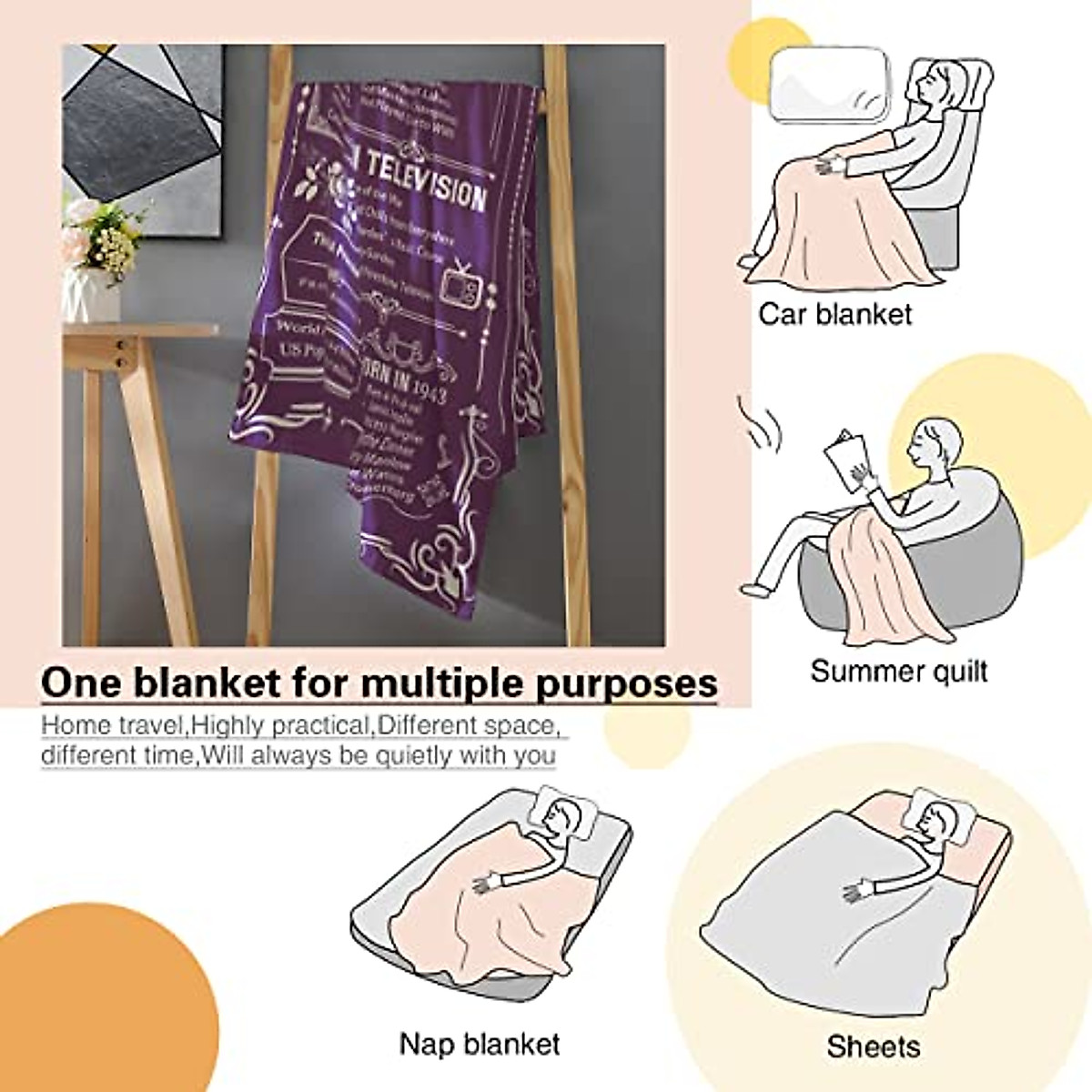 80th Birthday Gifts for Women 1943 Blanket 60x50 Inches, Best 80th Birthday Gifts, 80 Year Old Birthday Gifts for Women, 80th Birthday Decorations for Women Wife Mom Grandma Soft Warm Purple Blanket