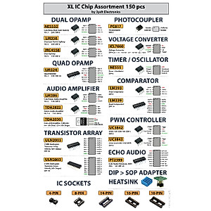 XL IC Chip Assortment 150 pcs, opamp, oscillator, pwm, PC817, NE555, LM358, LM324, JRC4558, LM393, LM339, NE5532, LM386, TDA2030, TDA2822, PT2399, UC3842, UC3843, ULN2003, ULN2803, 7660, Sockets