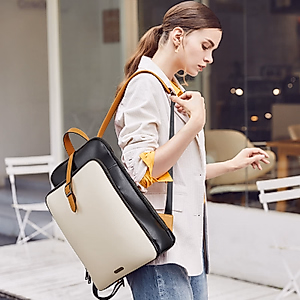 CLUCI Womens Backpack Purse Leather 15.6 Inch Laptop Travel Business Vintage Large Shoulder Bags Beige with Yelow Fine lines