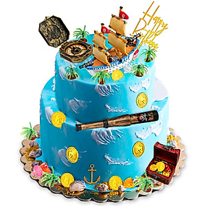 32 Pcs Pirate Ship Cake Topper Nautical Sailboat Model Decoration Set Gold Coins and Pirate Gems Kids Telescope Pirate Treasure Chest Compass Mini Palm Tree for Kids Pirate Birthday Party Supplies