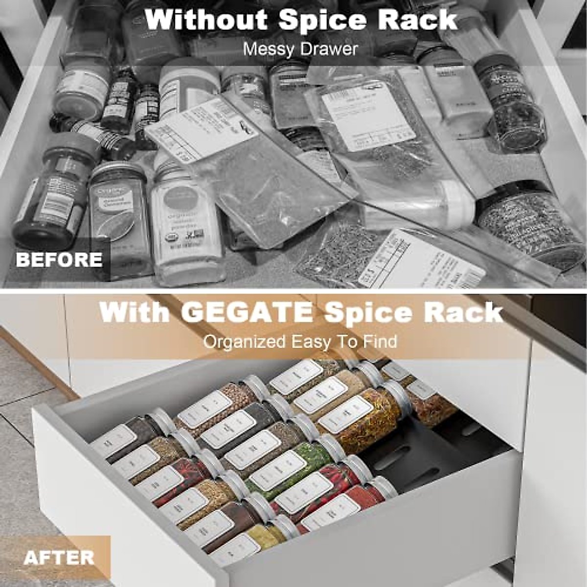 zunmial 24 Pcs Spice Jars with label and organizer,Spice Drawer Organizer with Spice Jars,Spice Rack Organizer for Drawer,Spice Drawer Organizer with Jars and Labels,Seasoning Organizer
