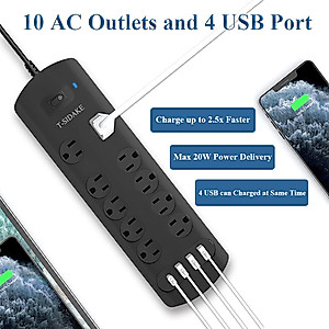 Power Strip, T-SIDAKE Socket, with 10 AC Power Outlets, 3 USB 3.0 Ports and a USB C Port, 6 Feet Extension Cord (1875W/15A), is a Necessity for Offices, Homes, and Dormitories. (Black)