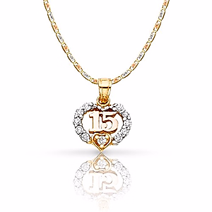 Ioka 14K Two Tone Gold Sweet 15 Years Quinceanera Heart Cubic Zirconia CZ Charm Pendant with 1.5mm Valentino Chain Necklace - 16"