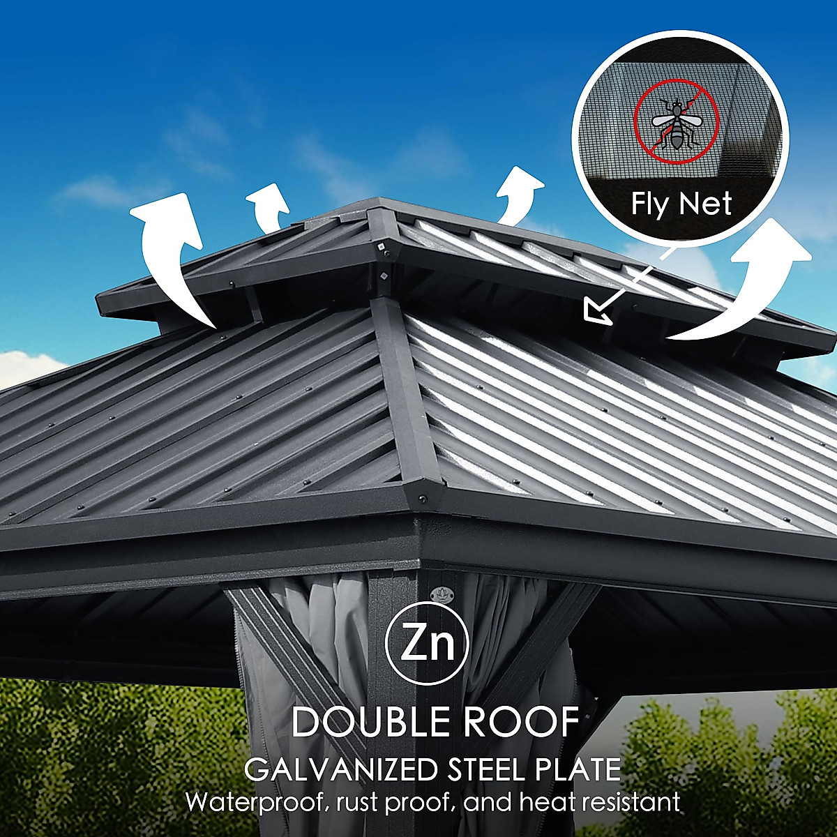 Kozyard Caesar 10'x12' Hardtop Gazebo - Permanent Metal Pavilion with Netting and Shaded Curtains for Patio, Backyard, and Deck - Galvanized Steel Outdoor Aluminum Canopy, Double Roof Gazebo (Grey)