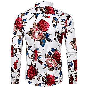 ZEROYAA Men's Hipster Retro Rose Floral Printed Casual Slim Fit Long Sleeve Streth Shirt ZLCL04-101-White Small