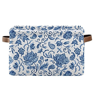 Kigai Storage Basket Blue White Floral Foldable Canvas Laundry Baskets Bin Waterproof Inner Layer with Sturdy Handles for Toy Nursery Blanket Clothes 2 Pack