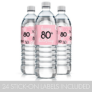 Pink, Black, and White 80th Birthday Party Water Bottle Labels - 24 Waterproof Wrappers, 80th Birthday Decorations for Women
