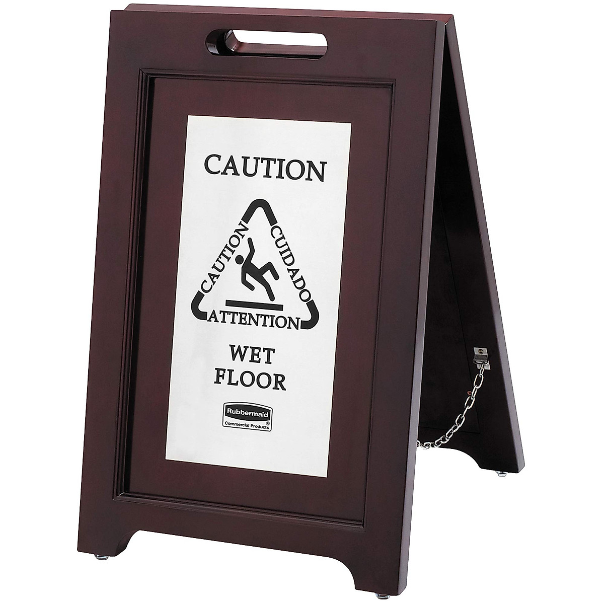 Discount Tag & Label Wooden Wet Floor Sign, 2-Sided Multi-Lingual Stand, 15" x 24", Brown, 1/Each