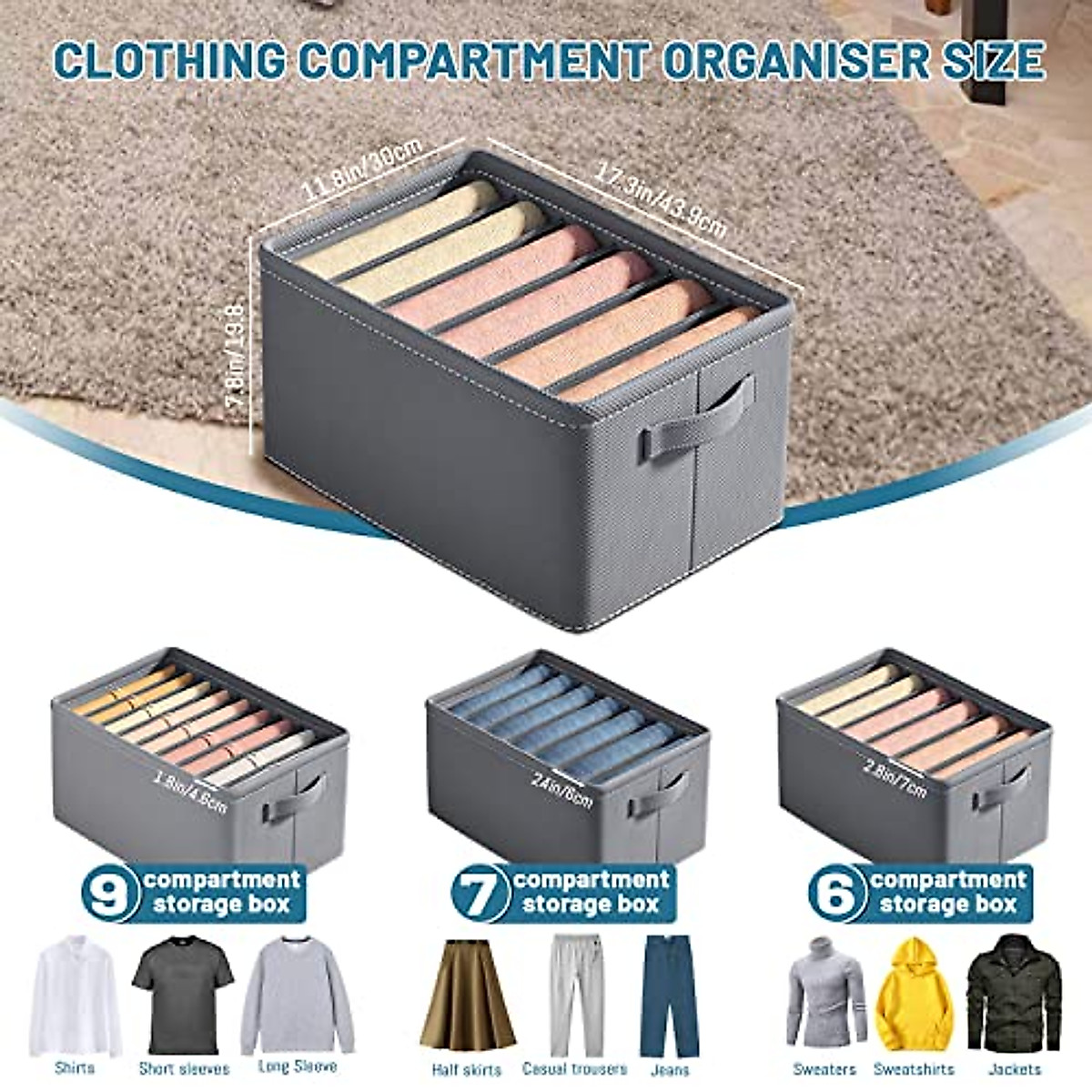 LELE LIFE 3Pcs 6/7/9 Grids Wardrobe Clothes Organizer, Large Drawer Organizers for Clothing, Foldable Jeans Organizer for Closet with Handle and Built-in PP Board, Clothes Organizer for Folded Clothes