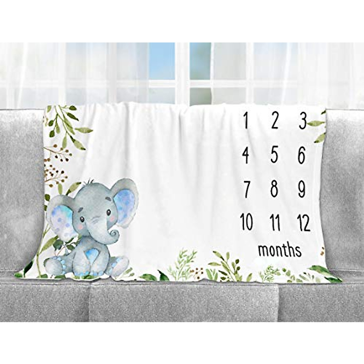 Yuzioey Baby Monthly Milestone Blanket Elephant, Safari Elephant Baby Photo Blanket, Gift for New Moms Baby Shower, Watch Me Grow Baby Boy Greenery Elephant Nursery Décor, Includes Marker (50"x40")
