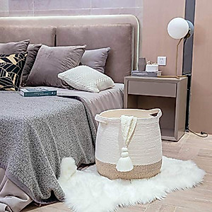 MINTWOOD Design Large 17 x 17 Inches Decorative Woven Cotton Rope Blanket Basket for Living Room, Laundry Basket Hamper, Storage Baskets with Handles for Toys, Throws, Pillows, Towels, Shoes, Brown