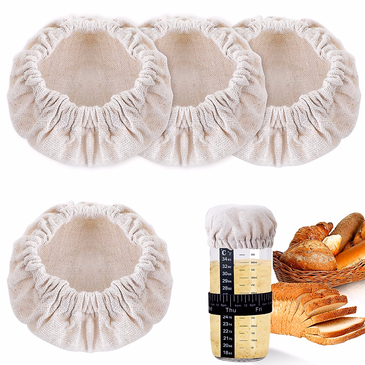 JIEYAO 4 Pcs Sourdough Starter Jar Cloth Covers, Elastic Bread Baking Cloth Cover, Reusable Sourdough Proofing Bowl Cover Breathable Cloth lid/Cap Kombucha Brewing Lids Supplies Fit 3-4 Inch Jar Mouth