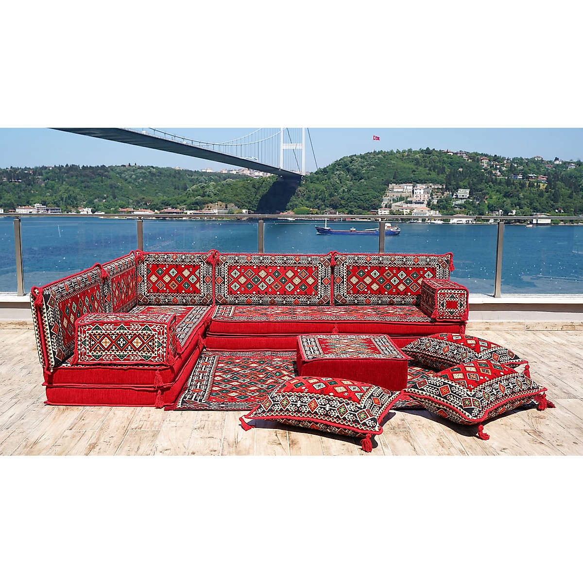 8" Thicknesse L Shaped Floor Couch, Arabic Sofa Seating, Floor Pillow, Corner Floor Couch, Sectional Sofa Set, Patio Furniture, Arabic Majlis (L Sofa + Rug + Poufs)