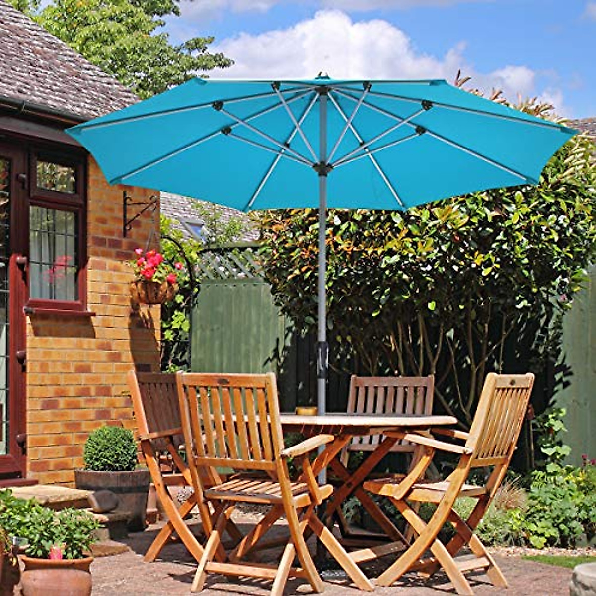 Tangkula 9 ft Patio Umbrella, Outdoor Market Table Umbrella with 1.5¡± Aluminum Pole, 8 Sturdy Ribs & Crank for Garden, Lawn, Deck, Backyard & Poolside (Turquoise)