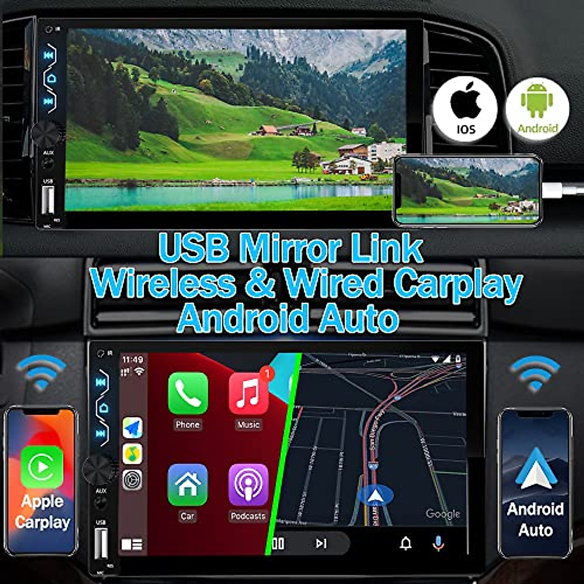 Double Din Car Stereo with Wireless Carplay,Wireless Android Auto,7 inch Touch Screen Radio with Backup Camera,Bluetooth Car Audio Receiver,Mirror Link,SWC,FM/USB/AUX/Subwoofer