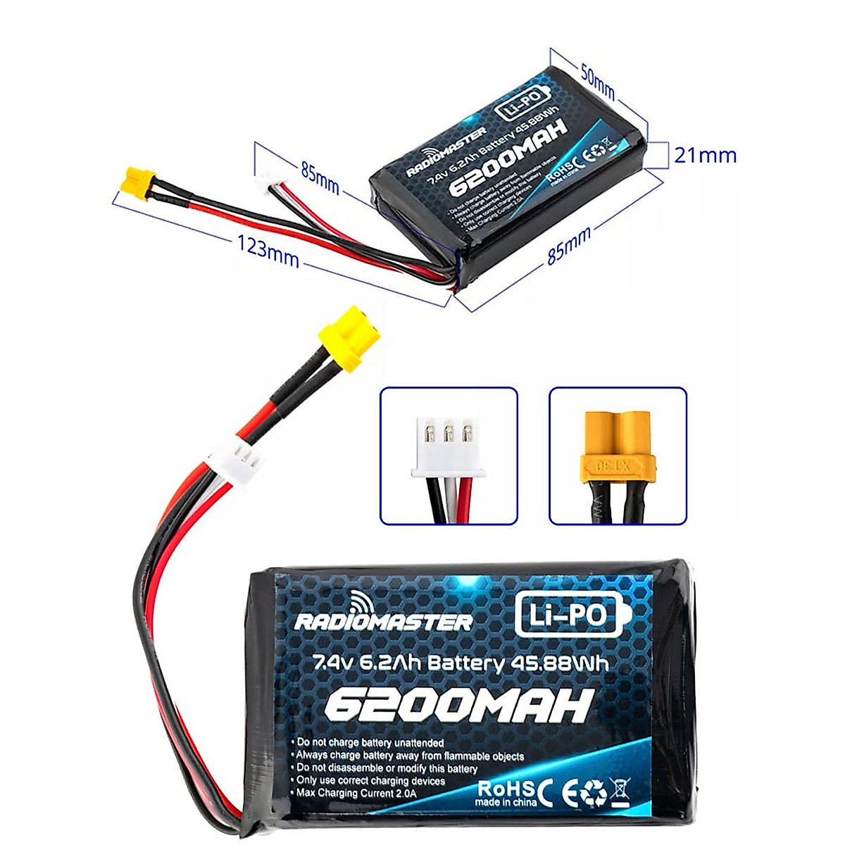 RADIOMASTER SoloGood 7.4V 2S 6200mAh Large Capacity Rechargeable Lipo Battery with XT30 JST-XH Connector Compatible Boxer TX16S Transmitter RC Car Drone Controller