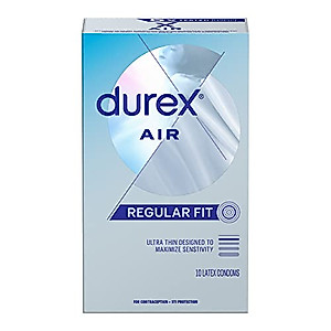 Durex Air Condoms, Extra Thin, Transparent Natural Rubber Latex Condoms for Men, Regular Fit, FSA & HSA Eligible, 10 Count