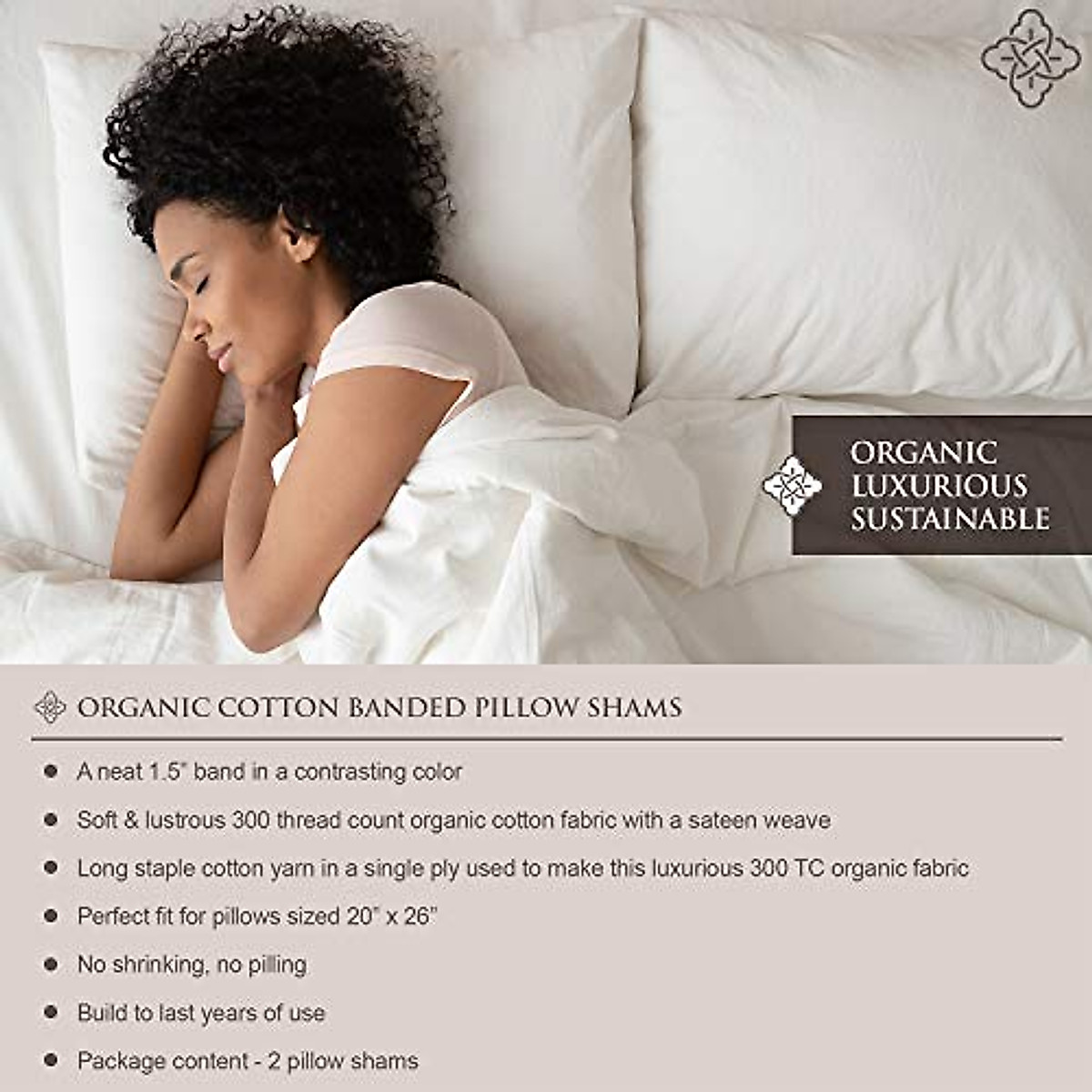 Bioweaves 100% Organic Cotton Banded Pillow Shams Soft Sateen Weave GOTS Certified – Standard/Queen Size, Set of 2, White & Navy