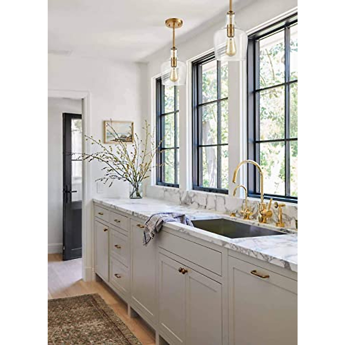 JEENKAE Modern Brass Glass Kitchen Pendant Lighting Rod-Hung Gold Pendant Light, 1-Light-1