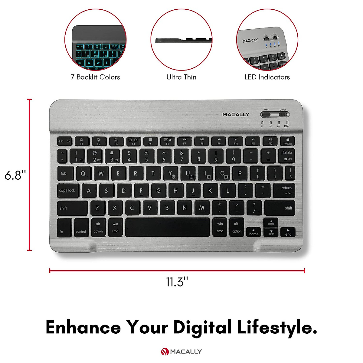 Macally Backlit Bluetooth Keyboard (Universal 7 Colors, Small, Portable) for iPad Pro/Mini, iPhone, Android, Kindle Fire, Samsung Note 9 - BTBLTABKEYSG