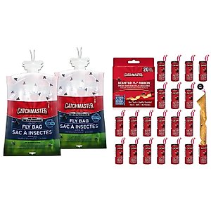 Catchmaster Fly Trap Bundle, Fly Bag 2-Pack & Fly Ribbon 20-Pack, Fruit Fly Traps for Indoors & Outdoors, for Garage, Backyard, Pool, Patio & Camping