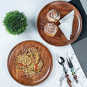 Wooden Plates, Teak Wood Dinner Plates, Round Serving Plate Set of 2, Cheese Plates Coffee Tea Serving Tray Fruit Platters Party Dinner Plates, Wood Plates for Snacks, 10 Inch