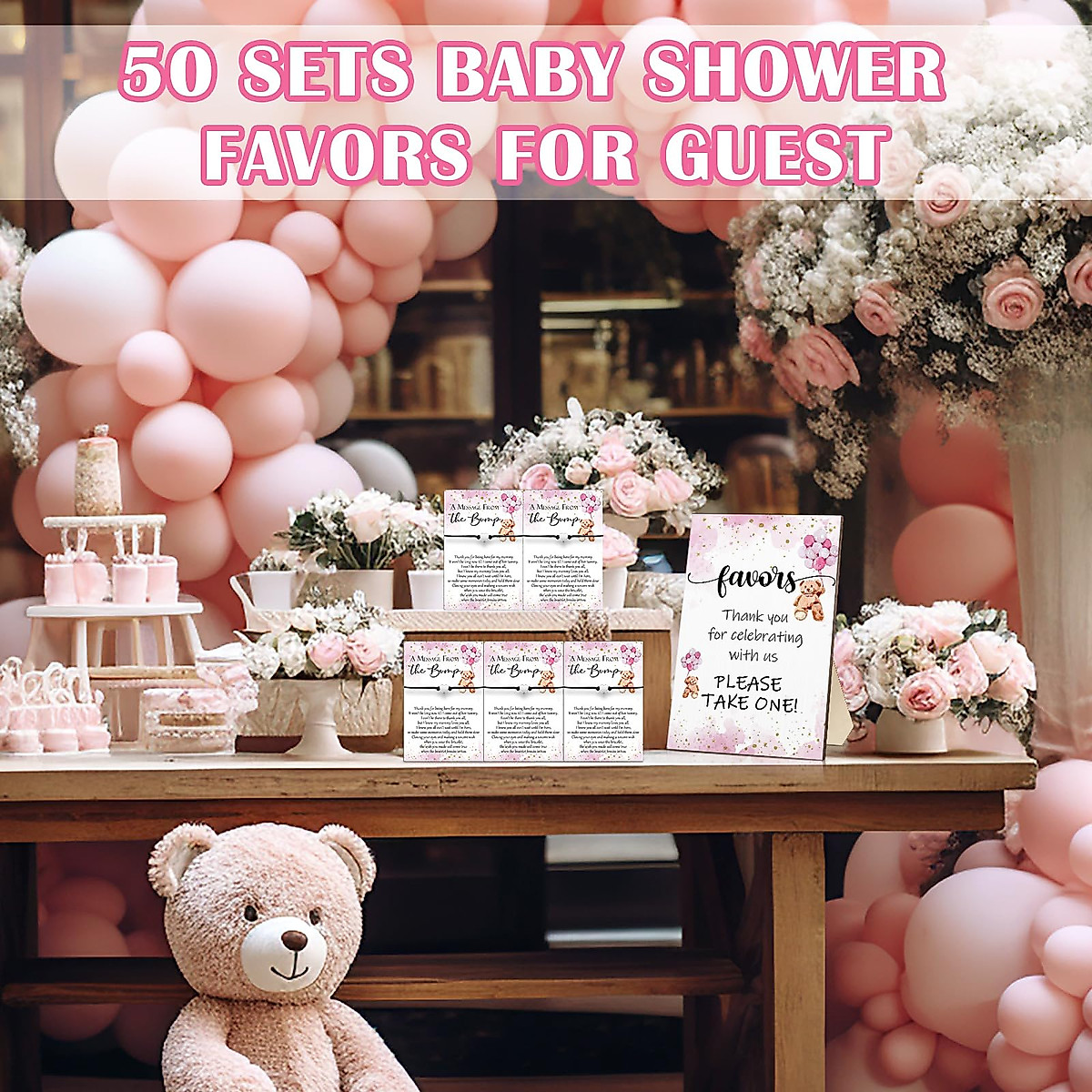 Thyle 50 Set Bear Baby Shower Games Favors for Guests 50 Message from the Bump Card 50 Adjustable Heart Bracelet 1 Baby Shower Wood Sign Baby Shower Thank You Return Gifts for Guests(Pink)