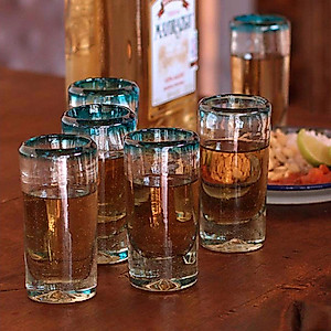 NOVICA Hand Blown Clear Blue Rim Recycled Glass Shot Glasses, 3 Oz 'Aquamarine' (Set Of 6)