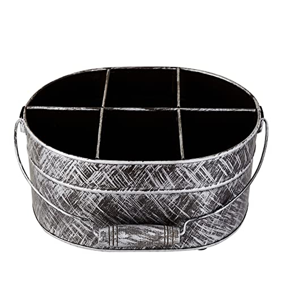 Black & Silver Metalic Caddy Plain 10.5 x 8 x 5 - Galvanized Metal Organizer for Kitchen Counter - Comfortable Wooden Handle /Indoor/Outdoor Storage For Flatware, Condiments, Party Cutlery, Arts