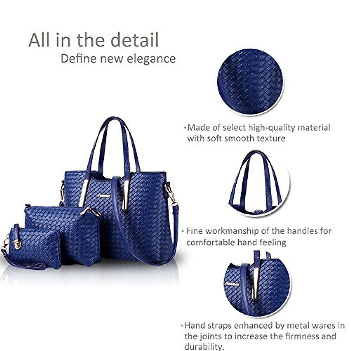 NICOLE&DORIS Fashion Handbag Crossbody Shoulder Bag Purse 3pcs Bag Tote Soft PU Leather Blue