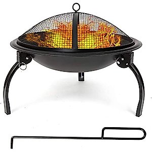 Portable Outdoor Fire Pit Bowl, Round Wood Burning Fire Pit with Spark Screen, Fireplace Poker, for Outside Garden Picnic, Black