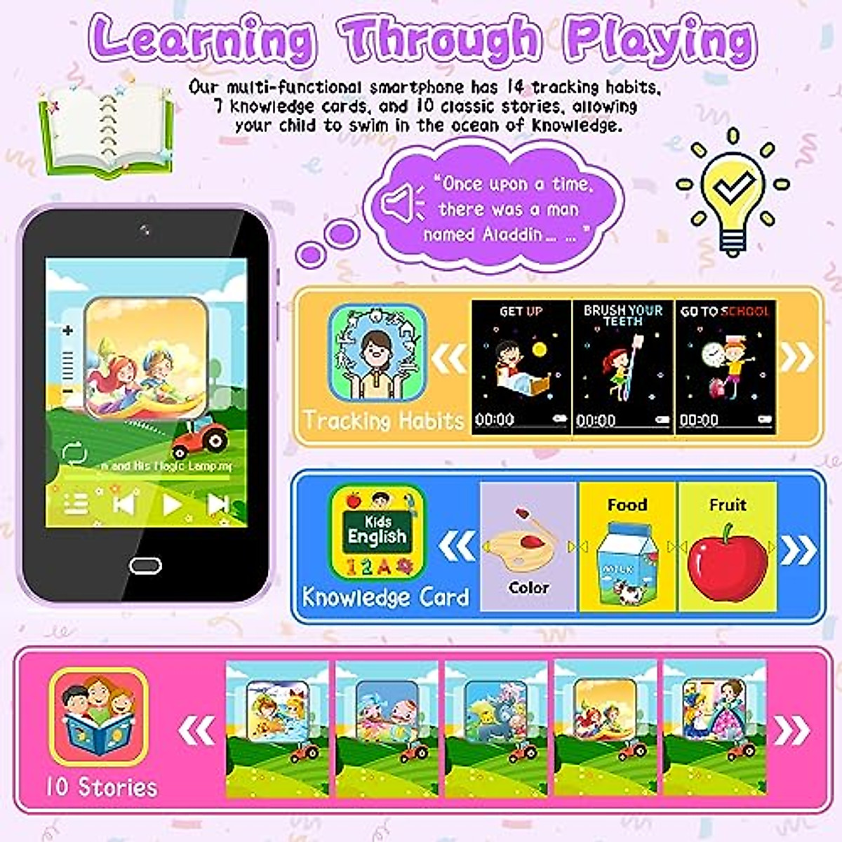 JYNZYUPO Kids Smart Phone Learning Toy Phone Gifts for Girls 3 4 5 6 Year Old Phone Touchscreen Learning Toy Christmas Birthday Gifts for 3 4 5 6 7 8 9 Year Old Girls with 8G SD Card