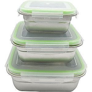 HTIAM Stainless Steel Food Containers, 3-Piece Set with Lids, Reusable for Breakfast, Lunch, Dinner, Snacks Bento Box Square Lunch Box 400/750/1200ml
