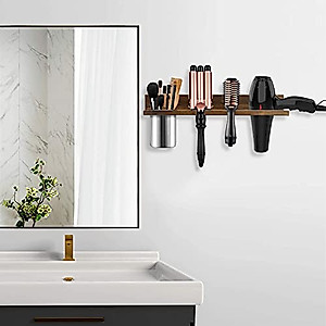 Hair Tool Organizer Wall Mounted - Wooden Hair Dryer Holder, Blow Dryer Holder for Bathroom, Rustic Hair Styling Tools Organizer for Flat Iron, Curling Wand, Hair Straighteners, Brushes, Brown