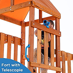 Dolphin Playground Wooden Swing Sets for Backyard with 2 in 1 Outdoor Table, Outdoor Playset for Kids 3-10 with Rock Climbing Wall, 6FT Wave Slide, Fort, and 2 Belt Swings, Playground Accessories