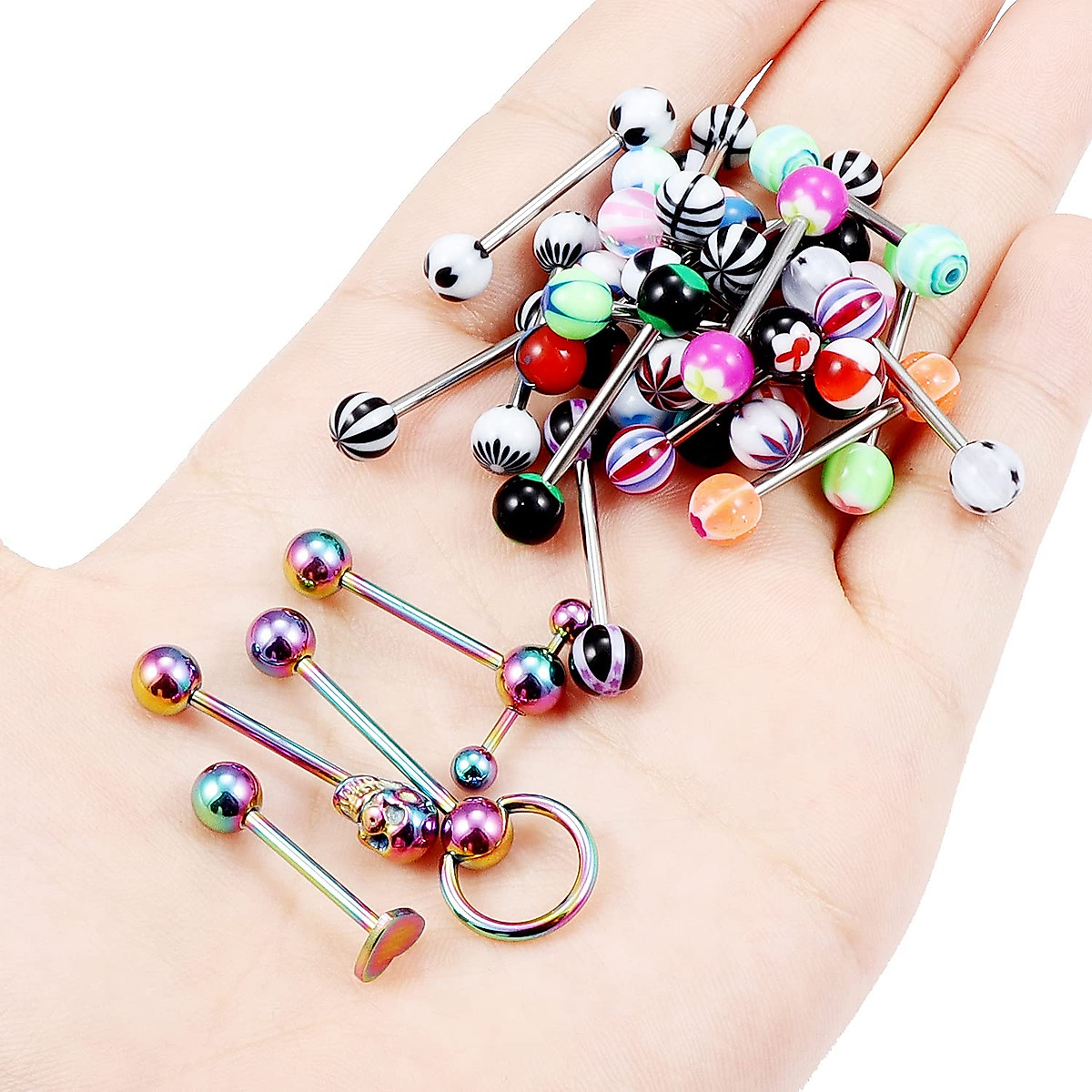 Leiainely Tongue Rings Piercing Jewelry for Women Men Work 14g 14 Gauge Cute Green Rainbow Surgical Stainless Steel Metal Clear Plastic Acrylic Silicone Para La Lengua Aretes Tounge Barbell Balls Set