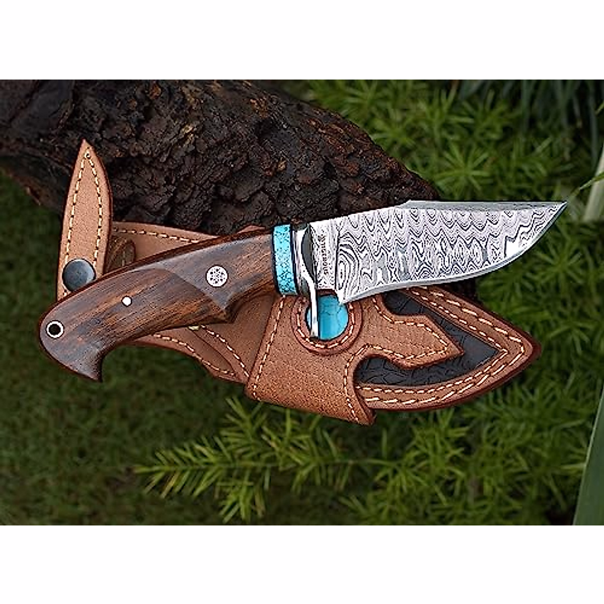 TIGEROUS Handmade Damascus Hunting Knife with Scout Horizontal Carry Leather Sheath Fixed Blade Full Tang for Camping, Hiking, Skinning,Survival (Deer Hunter) (Apo)