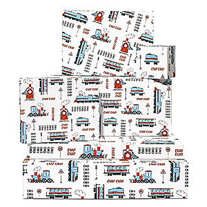 CENTRAL 23 Train Wrapping Paper for Boys - 6 White Gift Wrap Sheets and Tags - Vintage Trains Tracks - For Kids - Men - Comes with Stickers - Recyclable