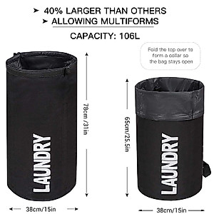 WOWLIVE Extra Large Foldable Laundry Bag Durable Laundry Basket Collapsible Laundry Hamper Backpack Dirty Clothes Hamper Standing Waterproof Hampers for Laundry Dorm Room (Black)