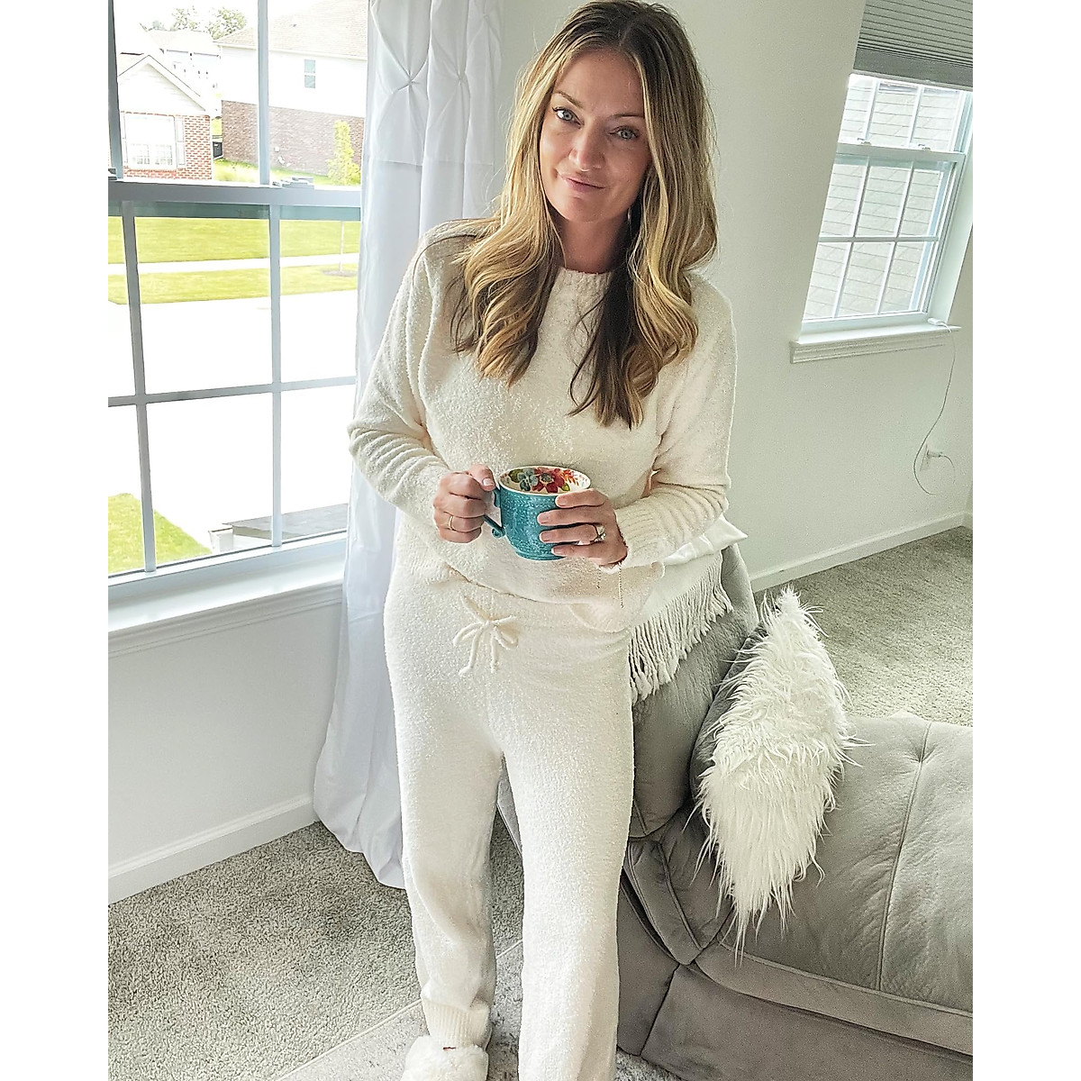 luvamia Women's Casual Solid Color Pajama Sets Long Sleeve Tops And Pants Long Pj Sets Joggers Loungewear Sleepwear Nightwear Womens Loungewear Set Cute 2 Piece Outfits For Women Beige Xx-Large